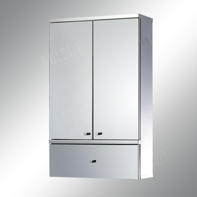 Stainless steel cabinet with 2 mirrored doors and drawer