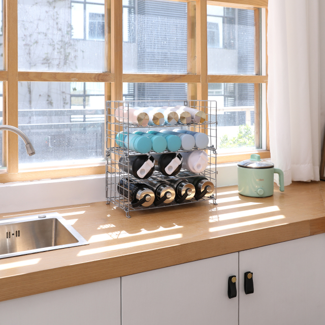 Stackable 4 Tier Wall Mounted Water Bottle Storage Rack Organizer