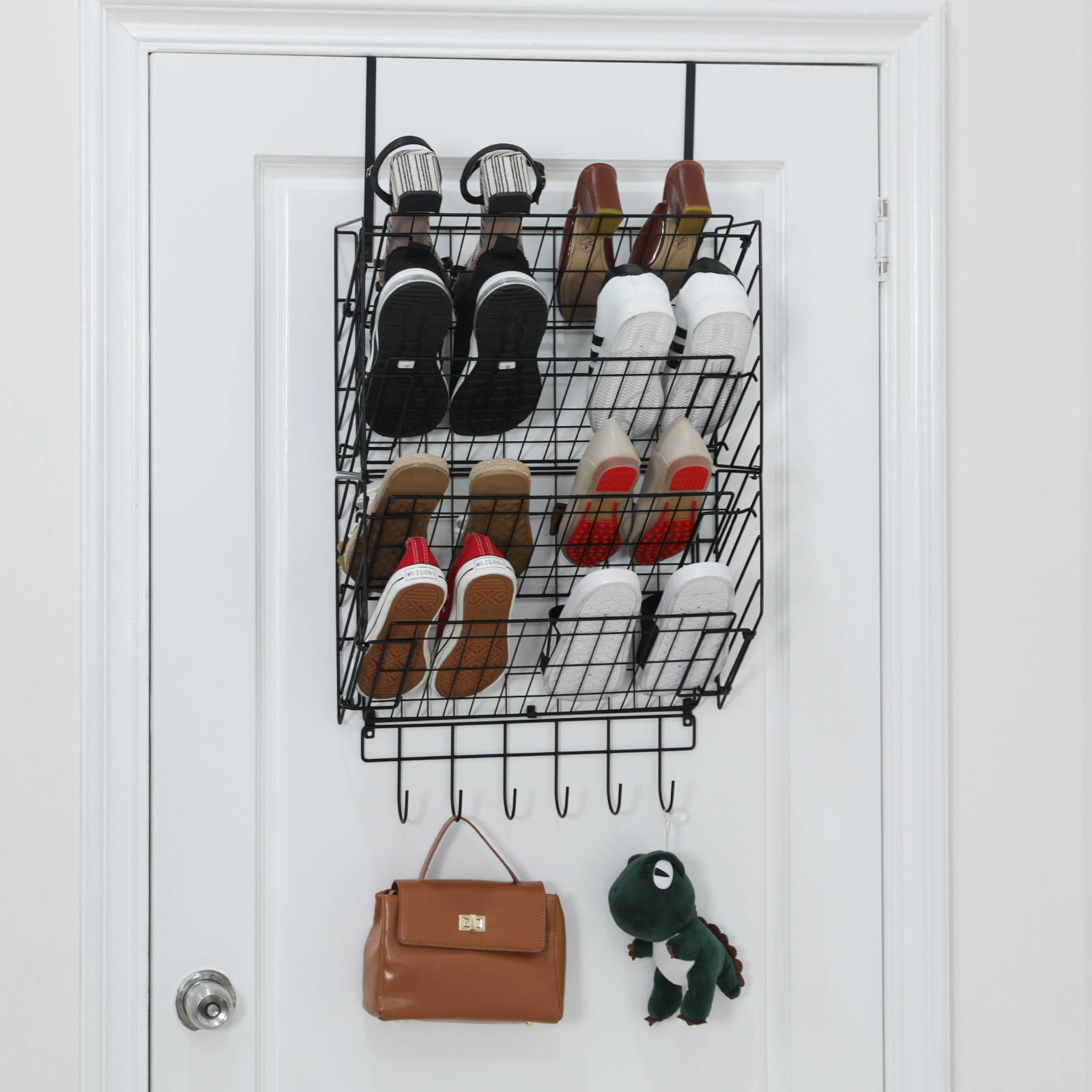 4 Tier Adjustable Over The Door Shoe Organizer with Hooks
