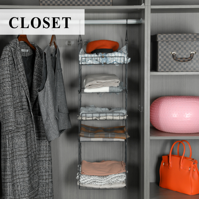 5 Tier Stackable Foldable Hanging Closet Wire Basket Shelf Organizer