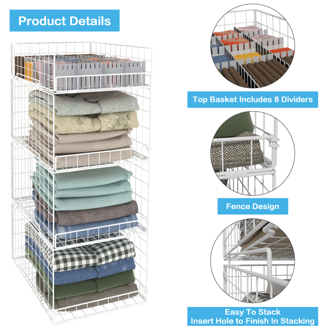 Stackable and Foldable Closet Organizers Closet Shelf with Top Devider