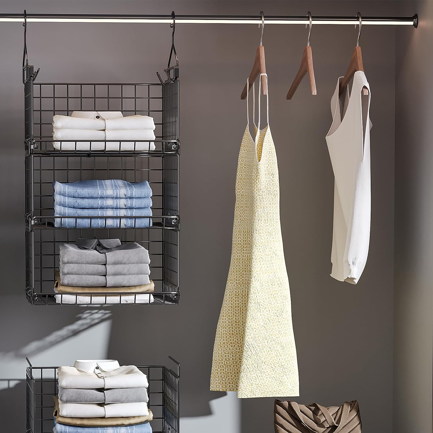 3 Tier Foldable Stackable Under Closet Hanging Shelf Closet Organizer ...