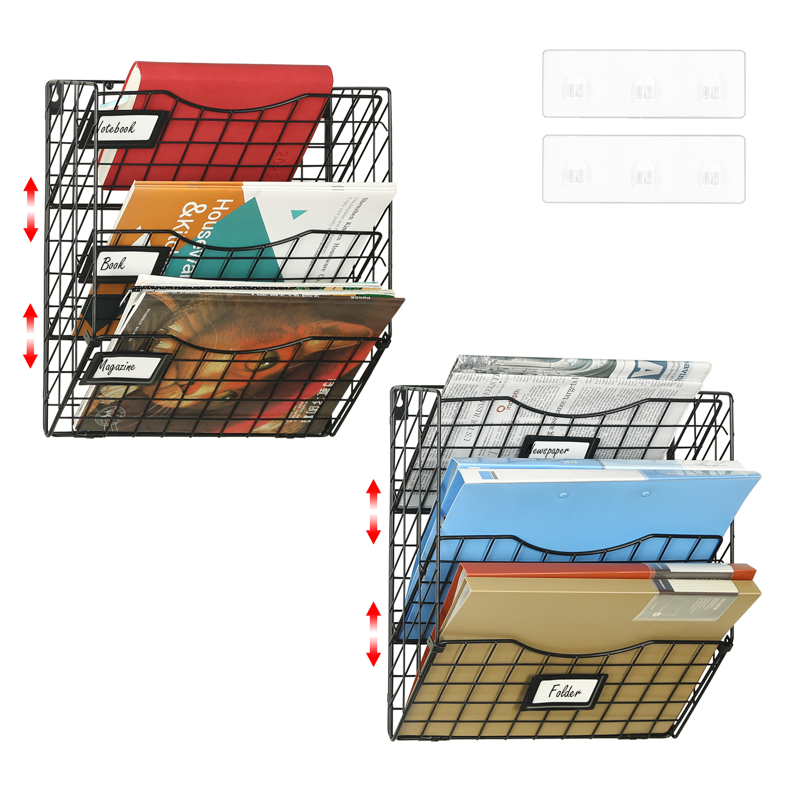 2 Pack Wall Mounted Mesh File Organizer with 4 Adjustable Dividers