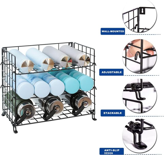 Adjustable Water Bottle Organizer 3 Tier Wall-Mounted Water Bottle ...