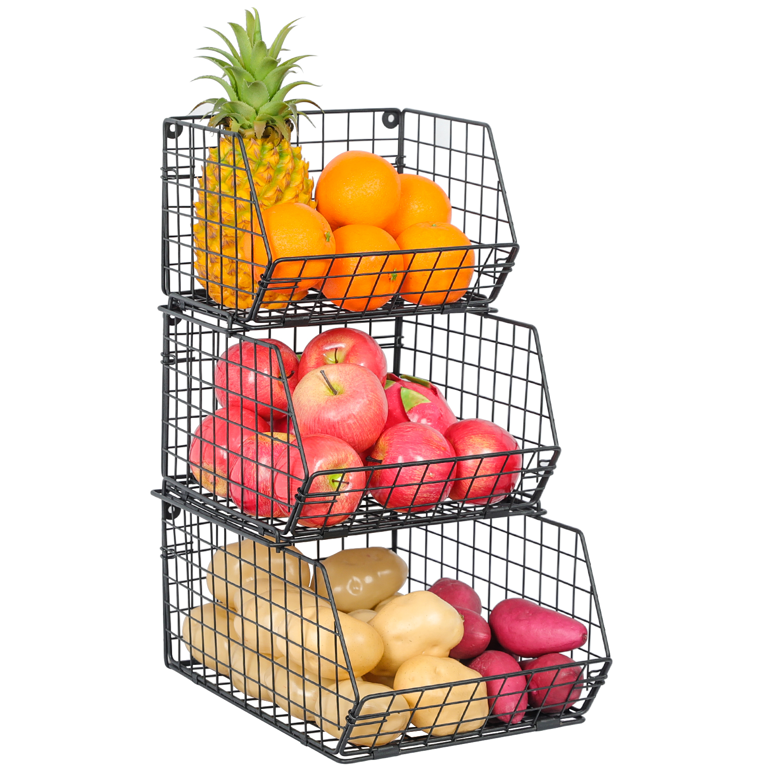 3-Tier Wall-mounted & Countertop Tiered Baskets for Fruit Veggies ...