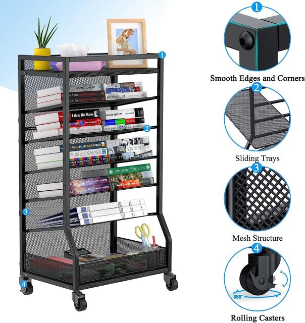 7 Tier File Organizer Beside Desk Rolling File Cart with Sliding Trays