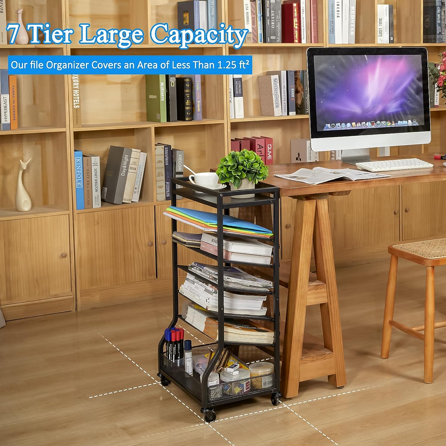 7 Tier File Organizer Beside Desk Rolling File Cart with Sliding Trays
