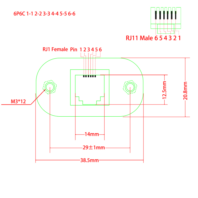 RJ11/RJ12 6P6C Female to Male Screw Panel Mount Extension Cable