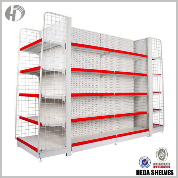Red and White Gondola Shelves in Retail Store - HEDA SHELVES