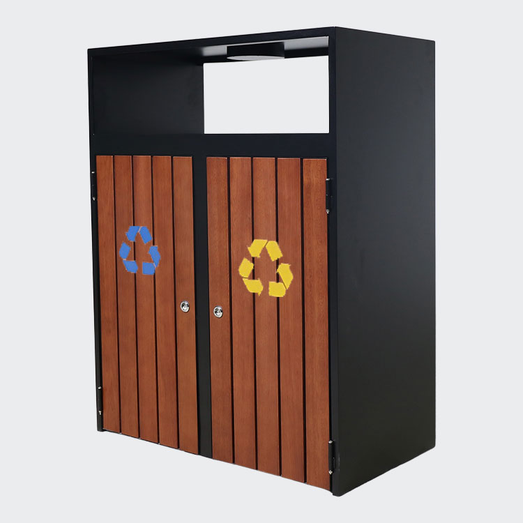 Dual Bin Recycling Trash Can - Steel , Wood Waste Sorting Station