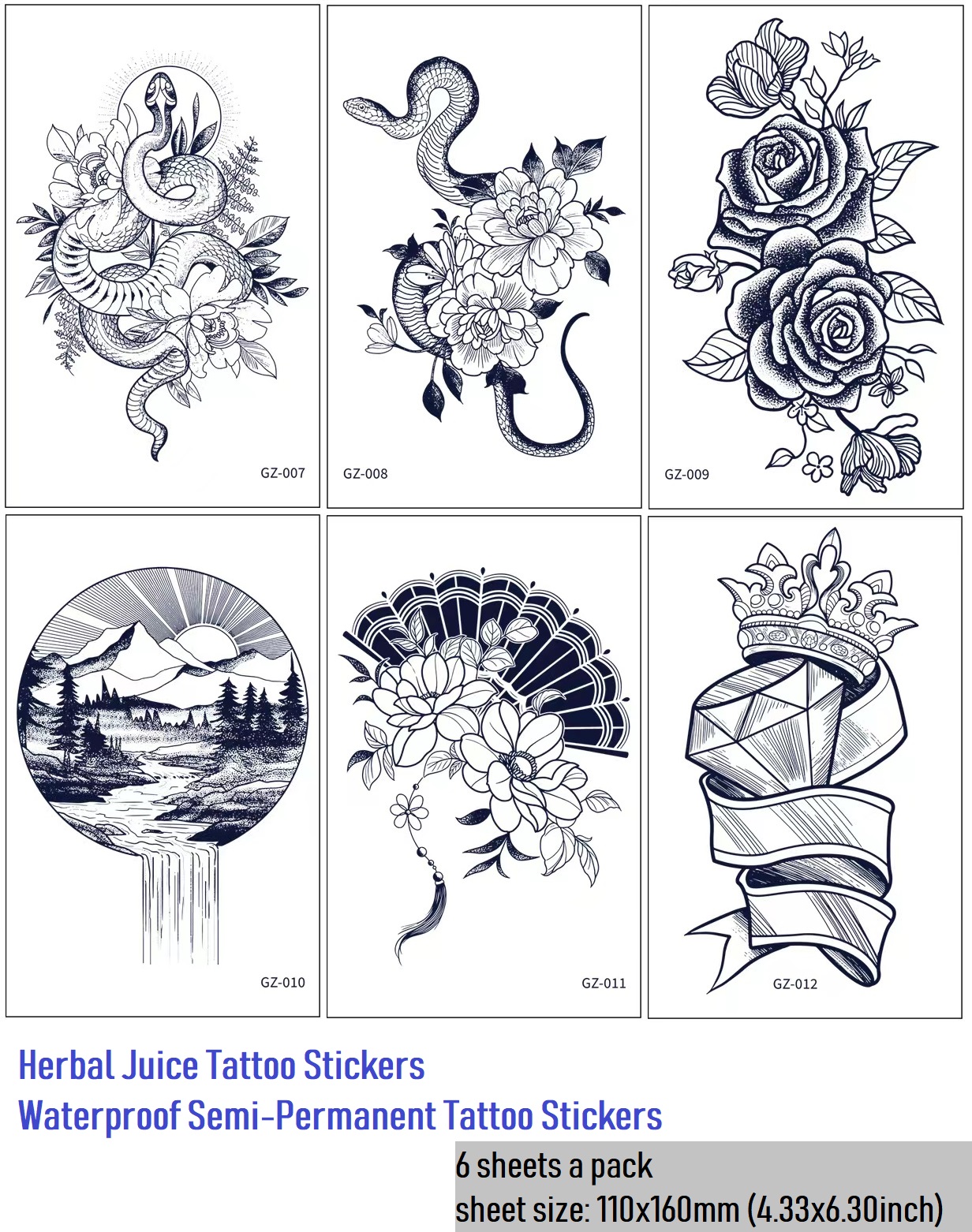 Weimei GZ007 6 Sheets Herbal Juice Tattoo Stickers Waterproof Semi ...