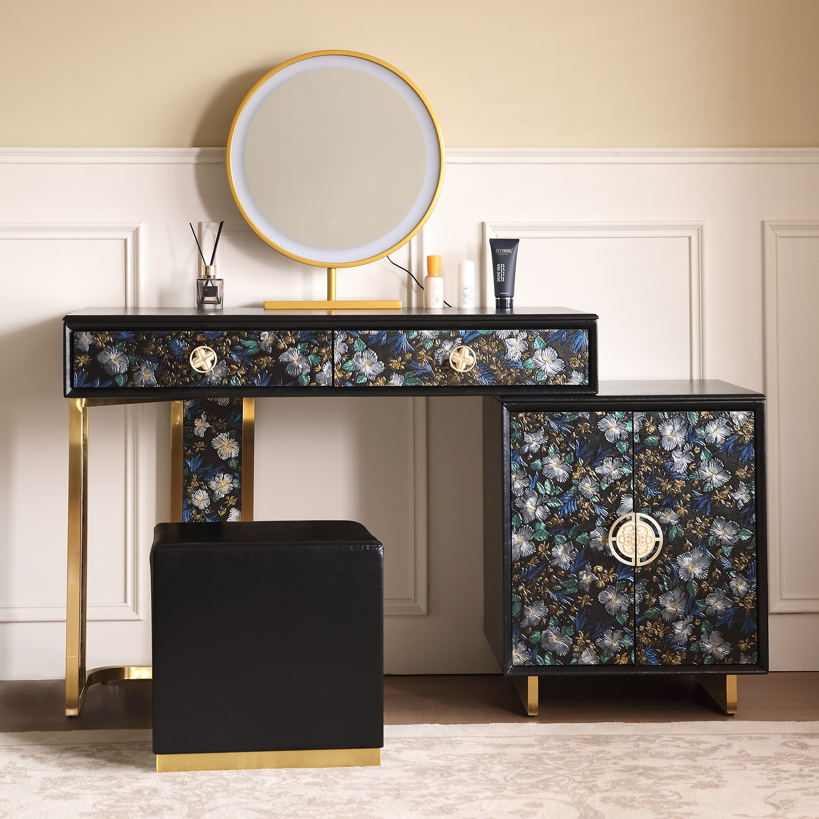 FUKAYI black vanity table Makeup Vanity Desk with Hand-Painted Floral ...