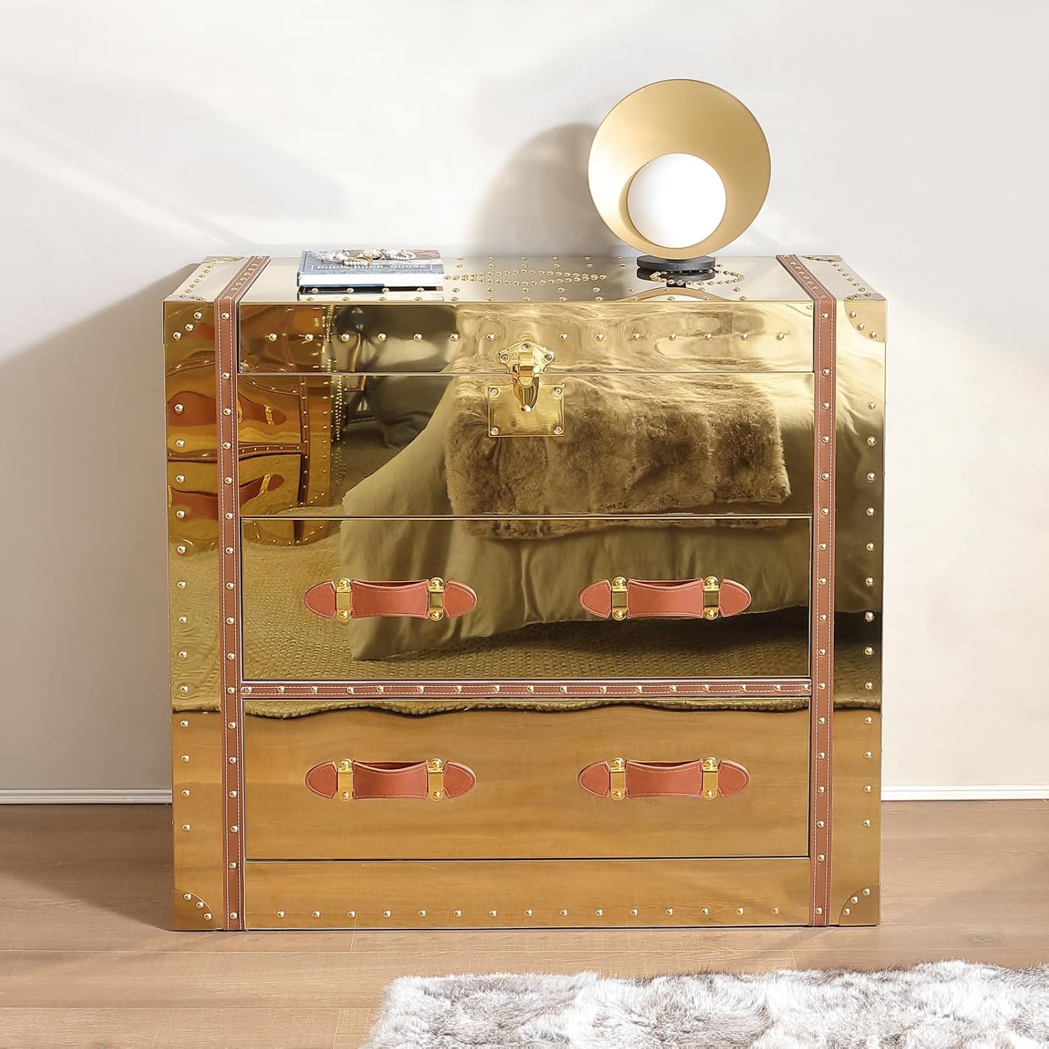Mid-Century Modern Wide Dresser Trunk with Flip Top Mirror Metal Clad ...