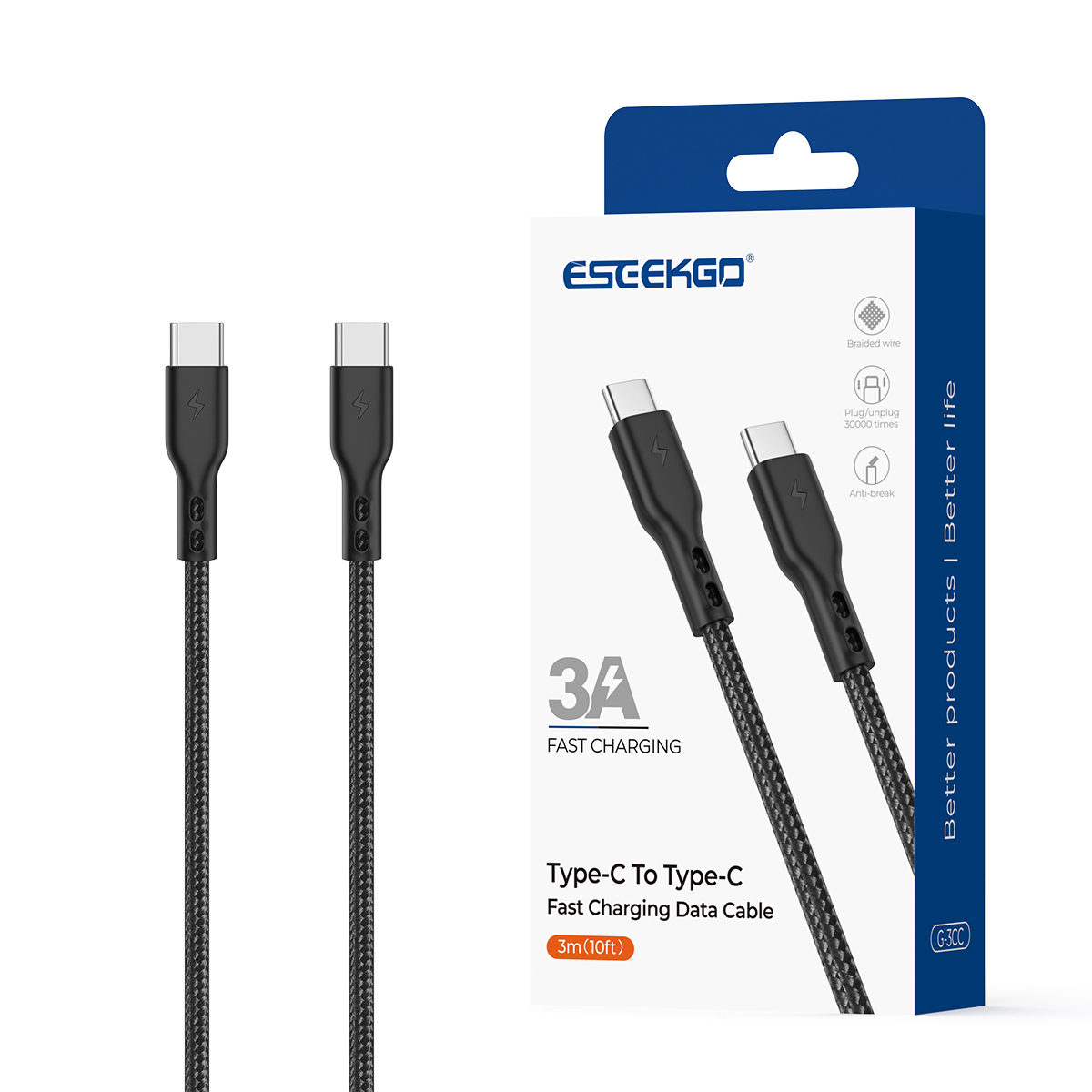 ESEEKGO G-3CC Nylon Braided 3.0A 3M（10FT） Type-C To Type-C Data Cable