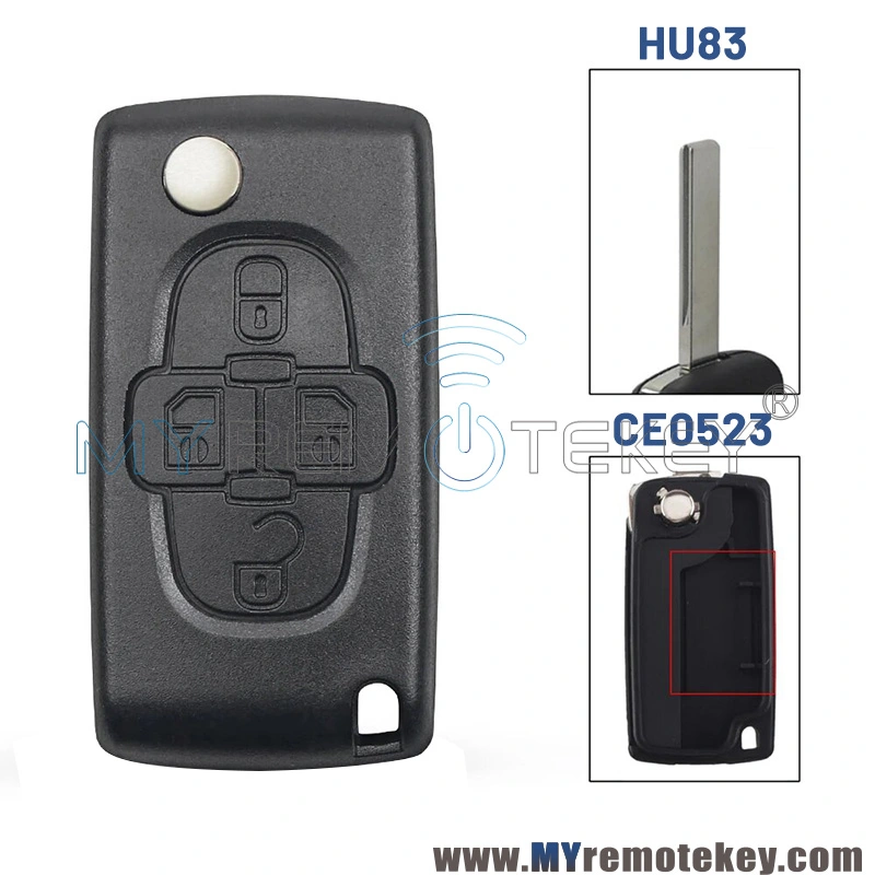 CE0523/CE0536 Flip key shell 4 button HU83/VA2 blade for Peugeot 1007 ...