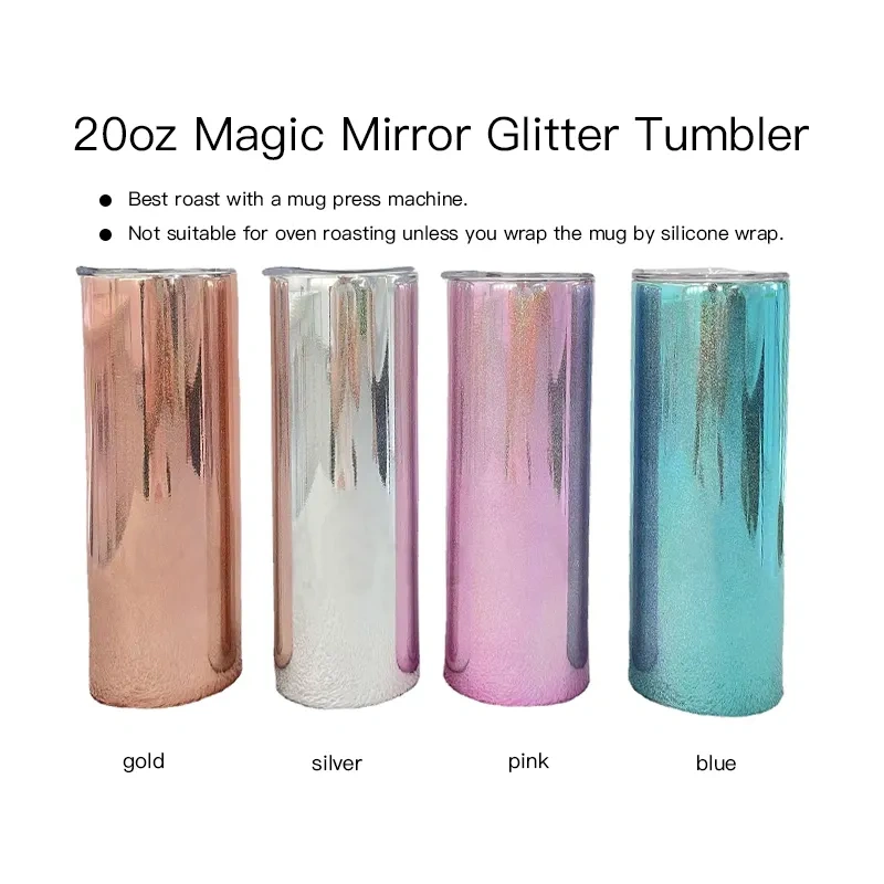 USA RTS 20oz Sublimation Magic Mirror Glitter Straight Tumbler