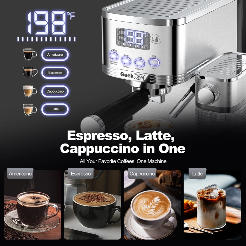 Geek Chef 20Bar Espresso Machine GCF20FA: Stainless Steel Elegance for ...