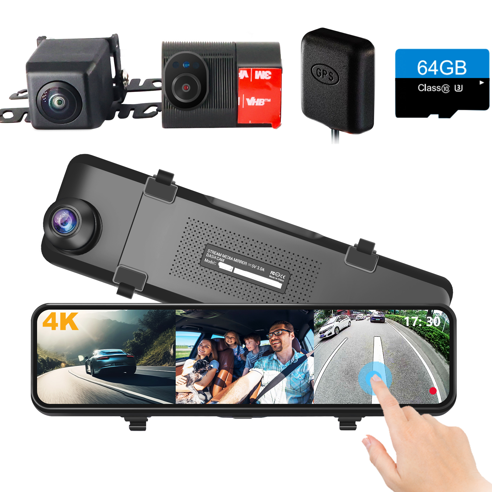 10.88" 3 Channel Mirror Dash Cam (4K+1080P+1080P)