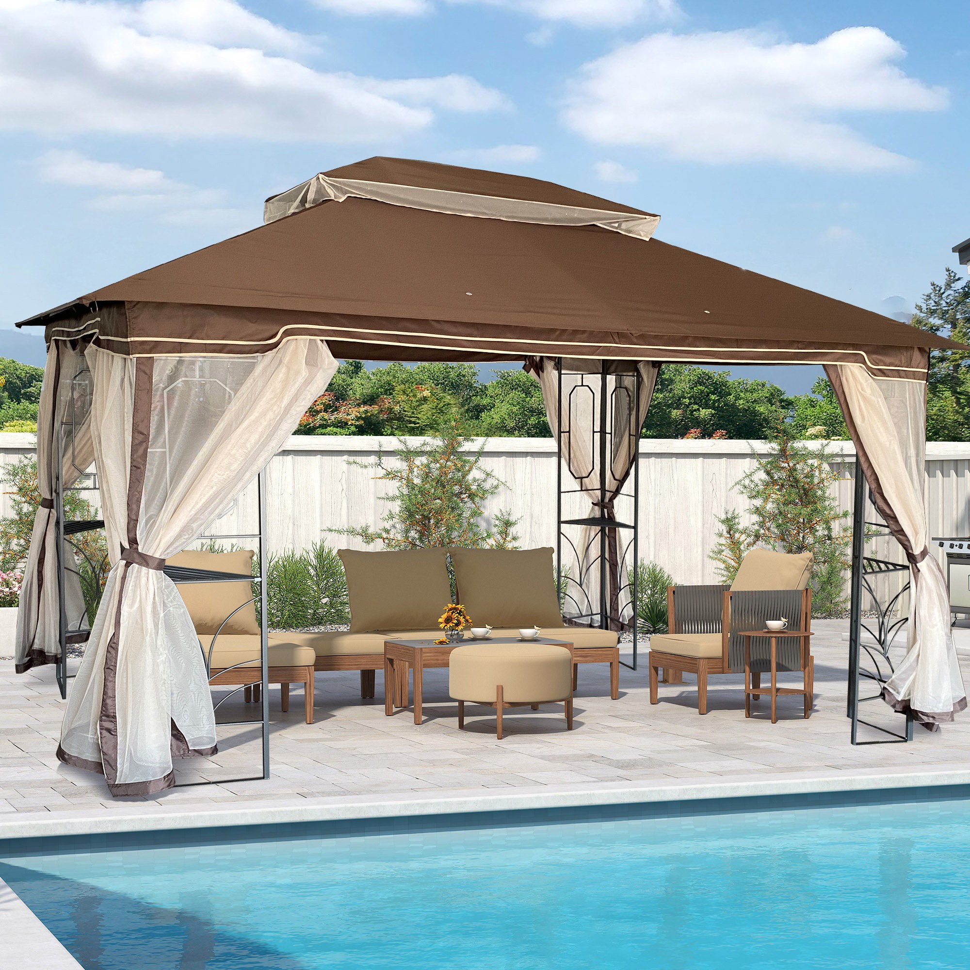 13-ft x 10-ft Brown Polyester Rectangle Screened Gazebo with Ventilated ...