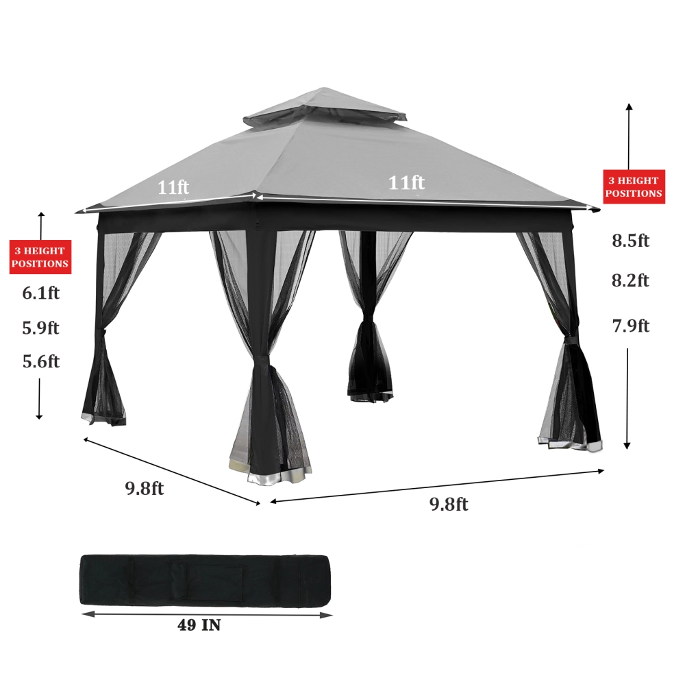 11-ft x 11-ft Gray Steel Rectangle Screen Gazebo with Removable Zipper ...
