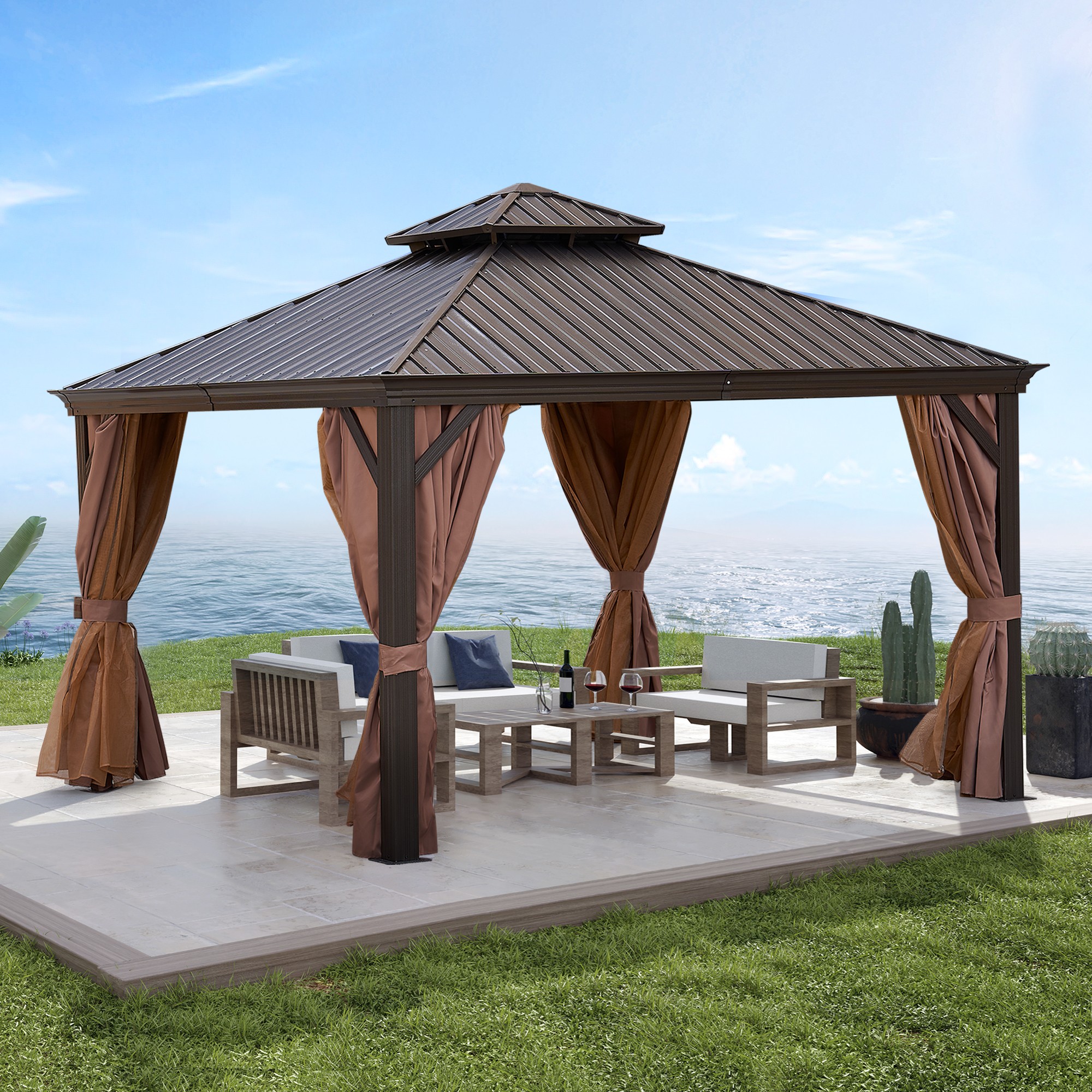 12-ft x 12-ft Brown Steel Rectangle Screen Gazebo with Hardtop