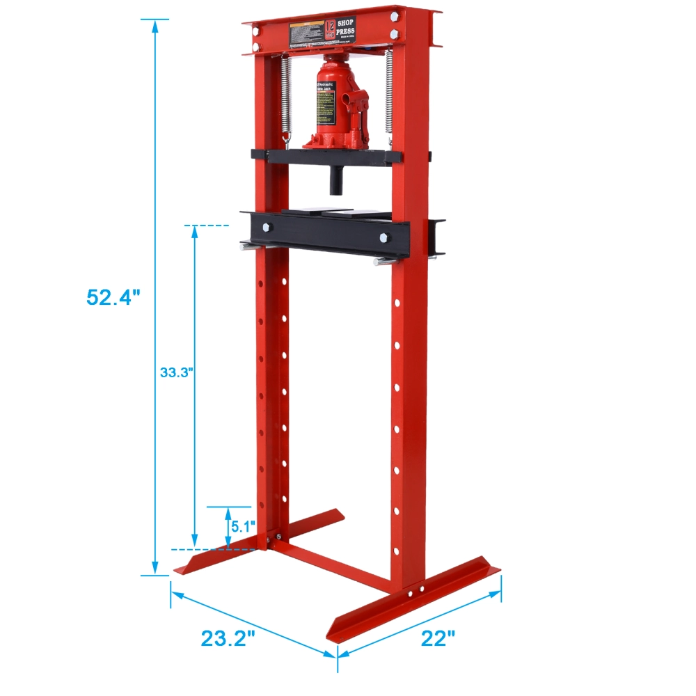 Red 12-ton Capacity H-Frame, Adjustable Hydraulic Shop Press with Plates