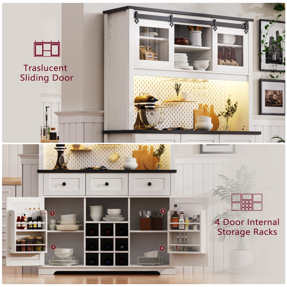 K&K 71" Farmhosue Pantry Bar Cabinet with Internal Storage Rack