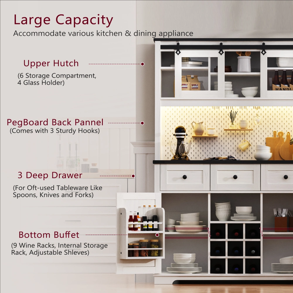 K&K 71" Farmhosue Pantry Bar Cabinet with Internal Storage Rack