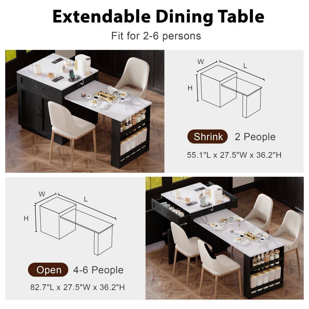 K&K 82.7 inch Kitchen Island with Extendable Dining Table Black