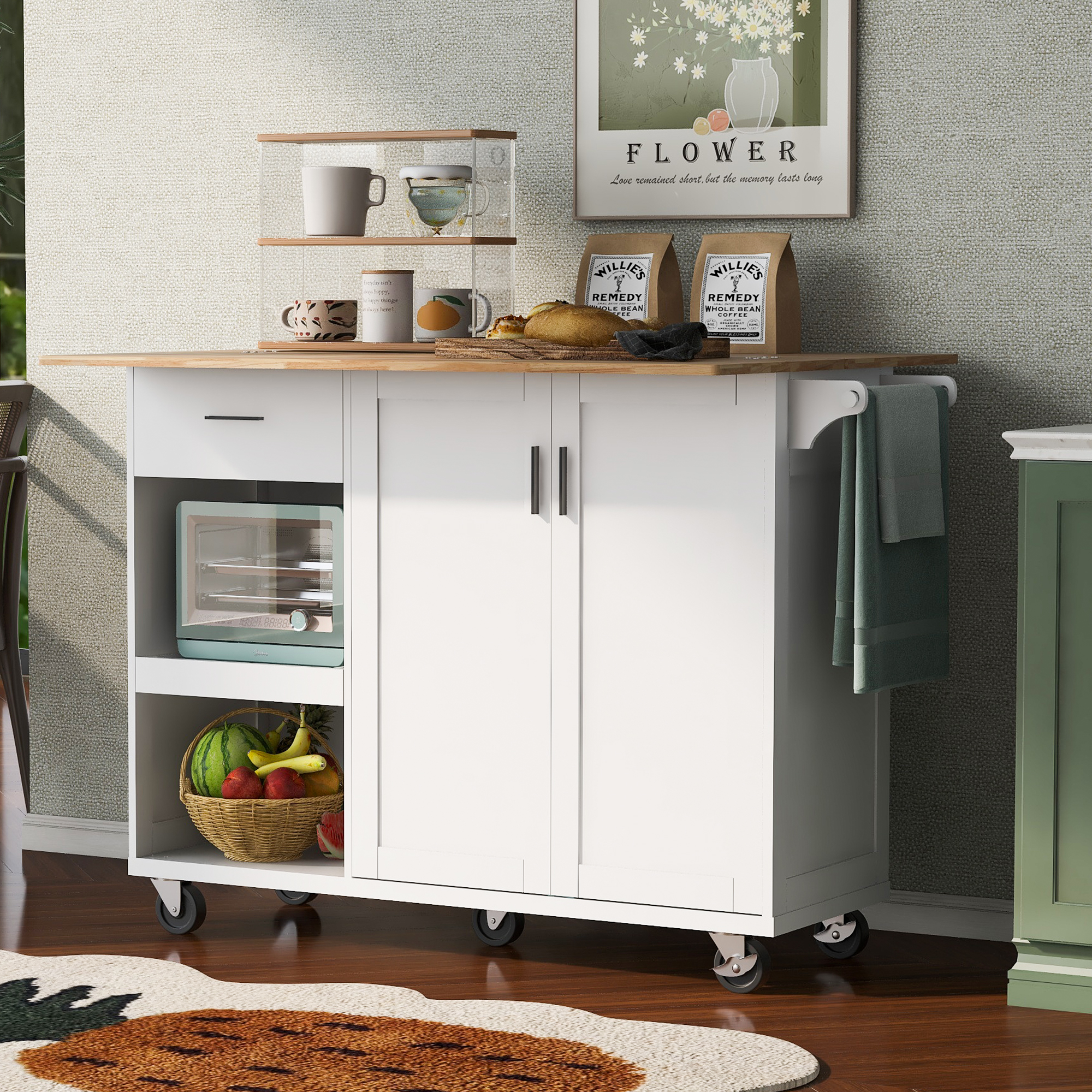 K&K Kitchen Island with Foldable Counter Top White