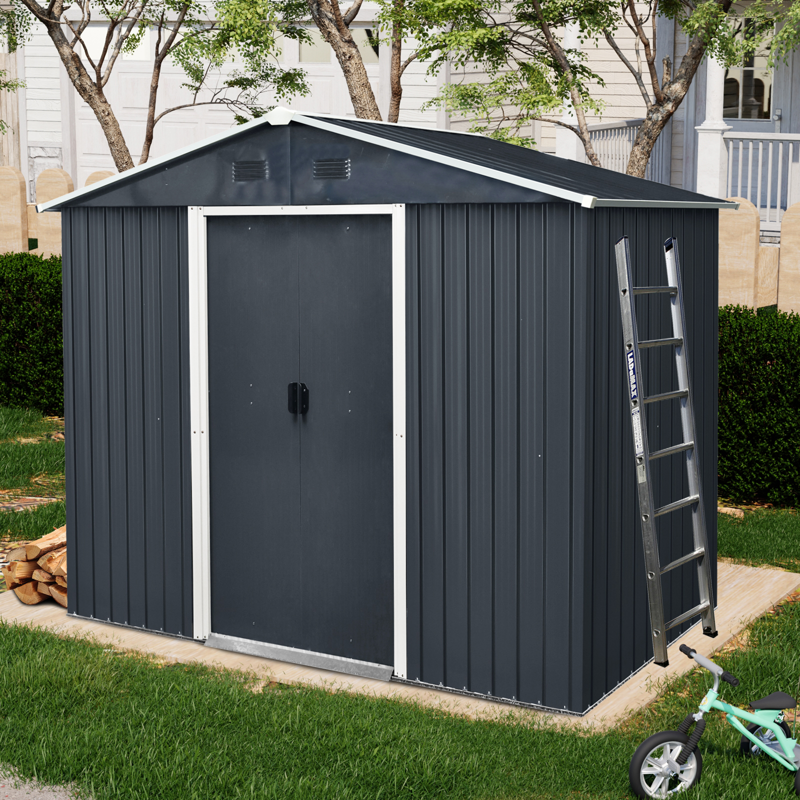 8ft x 4ft Outdoor Metal Storage Shed with Sliding Door and foundation ...