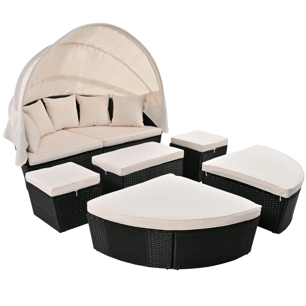 Outdoor rattan daybed sunbed with Retractable Canopy Beige