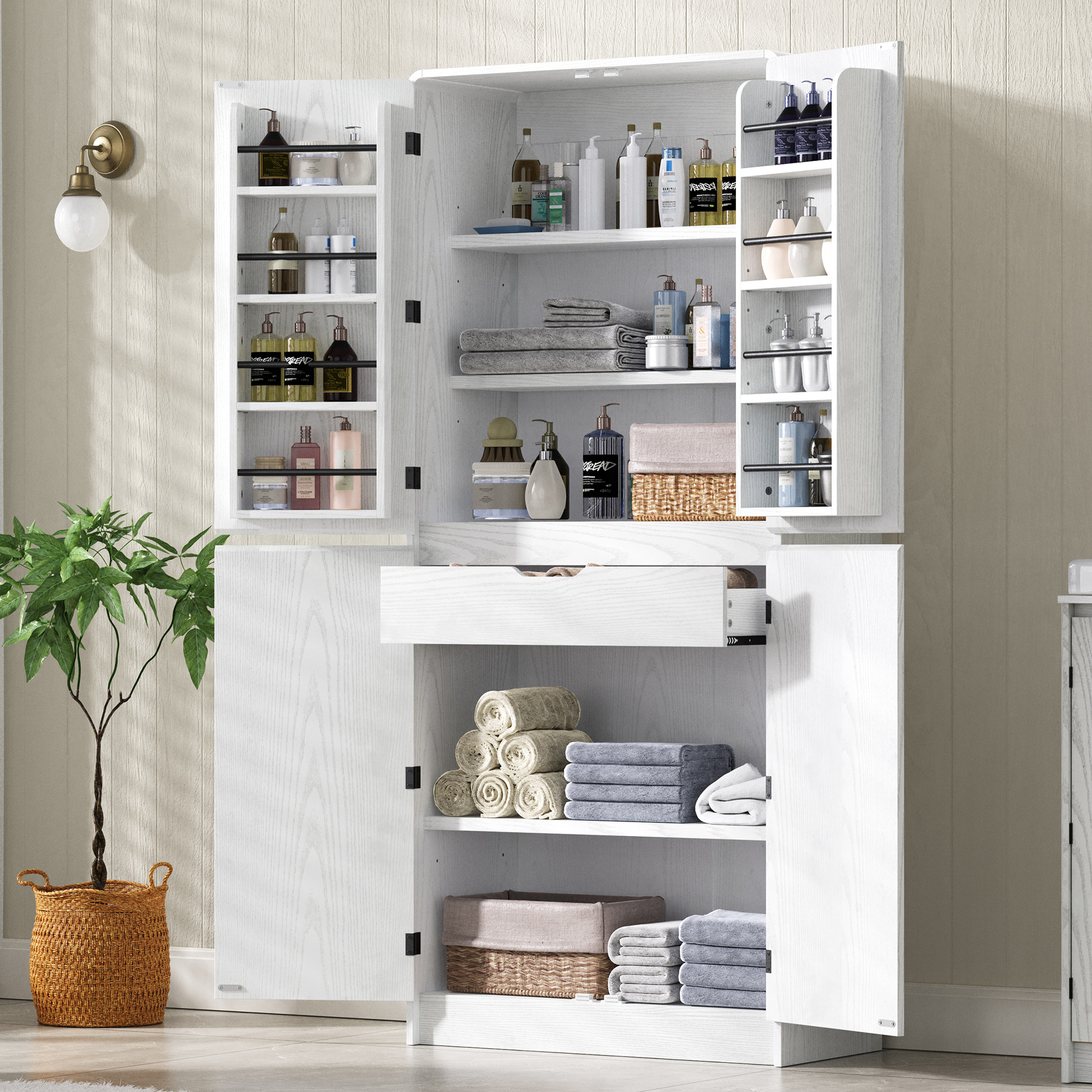 K&K 72" Tall Farmhouse Kitchen Pantry Cabinet with 8 Door Shelves ...