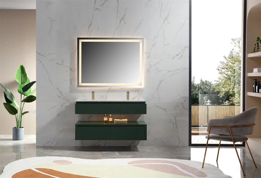 48" Solid Oak Two-Tier Bathroom Vanity with Double Porcelain Sink and ...