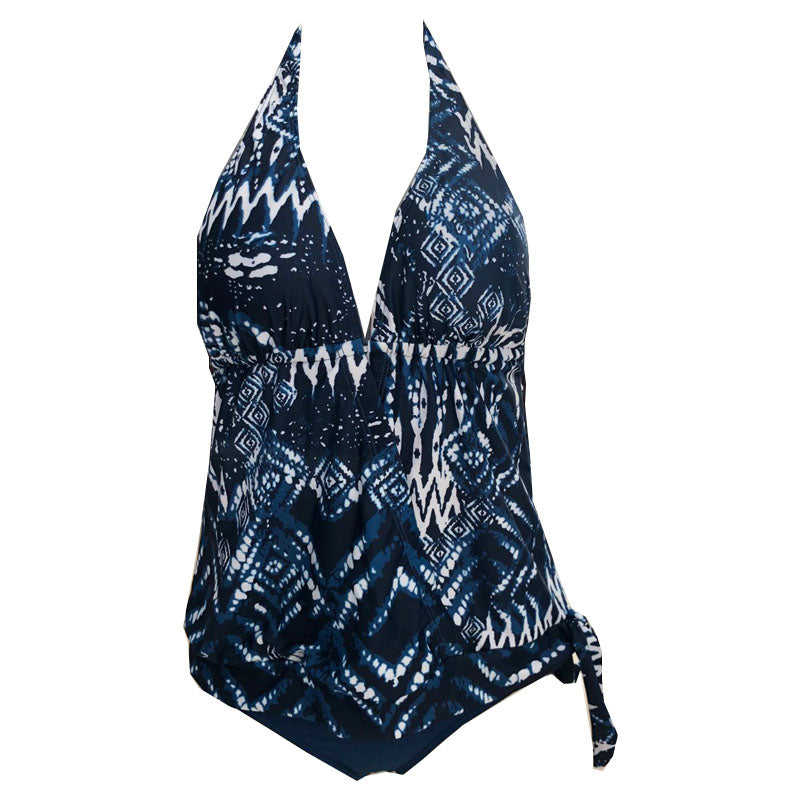 Contrast Blue Halter Tankini Swimsuit