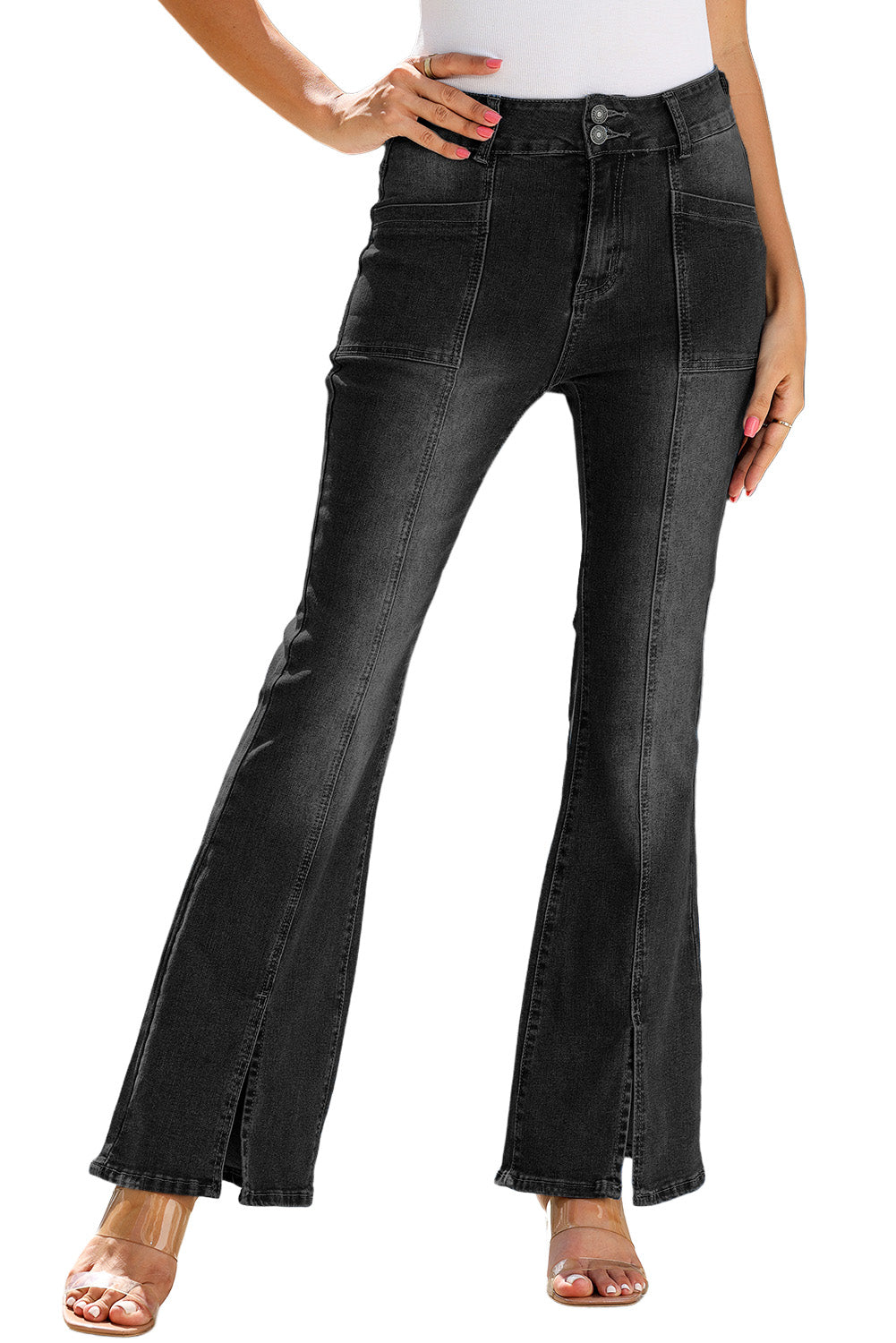Black Exposed Seam Split Flare Jeans LC7872654-2