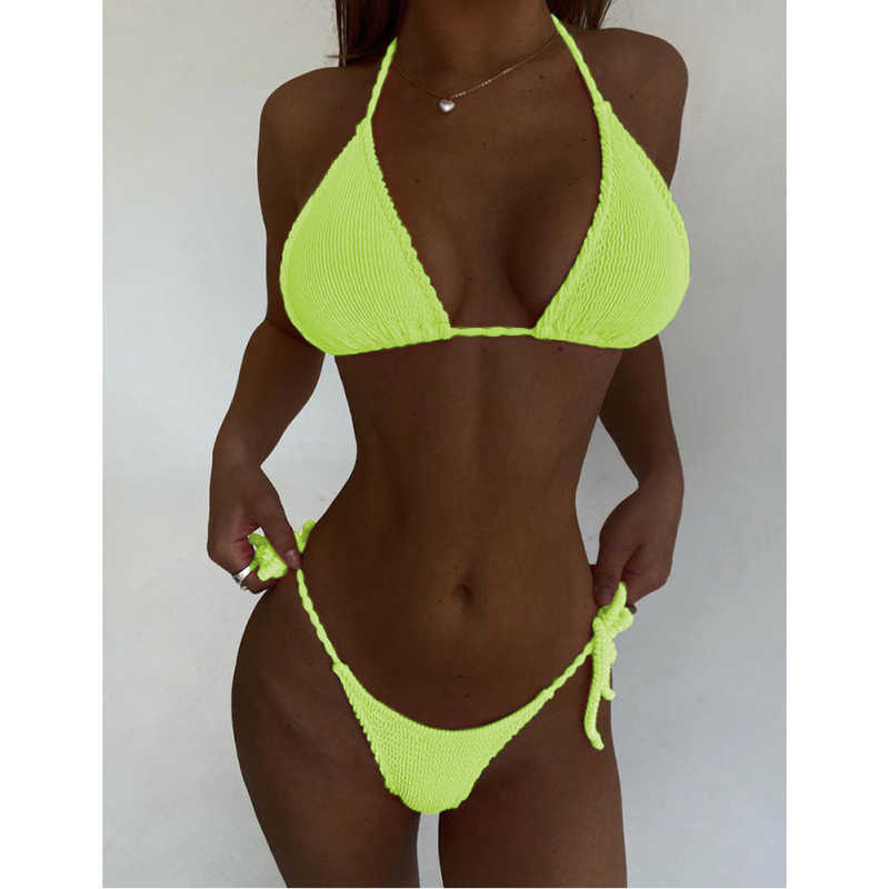 Fluorescent Yellow Solid Triangle Bikini Set TQK610265-65