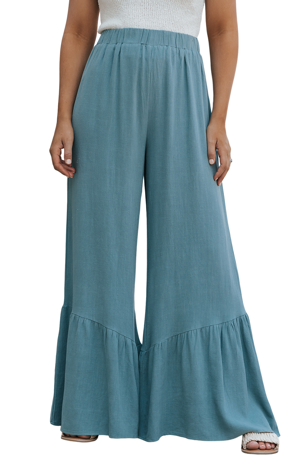 Sky Blue High Waist Ruffled Wide-Leg Pants