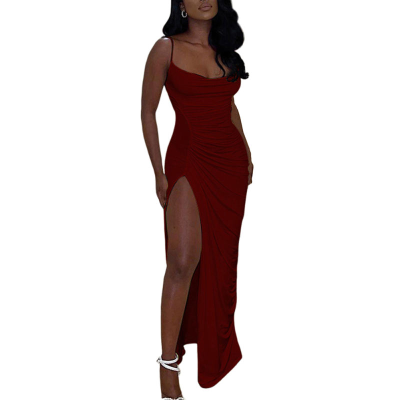 Burgundy Pleated Sexy High Split Party Dress TQL330101-23