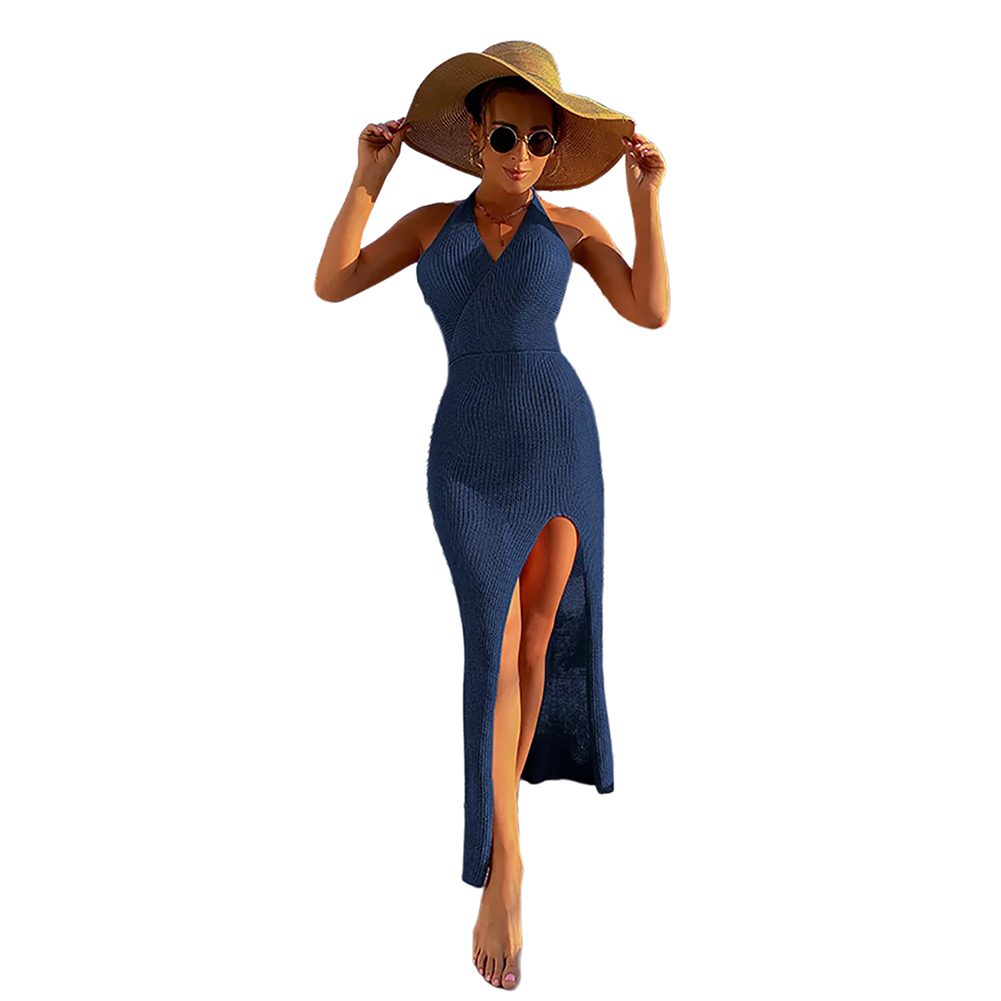 Navy Blue Backless High Split Beach Cover Dress TQK650107-34
