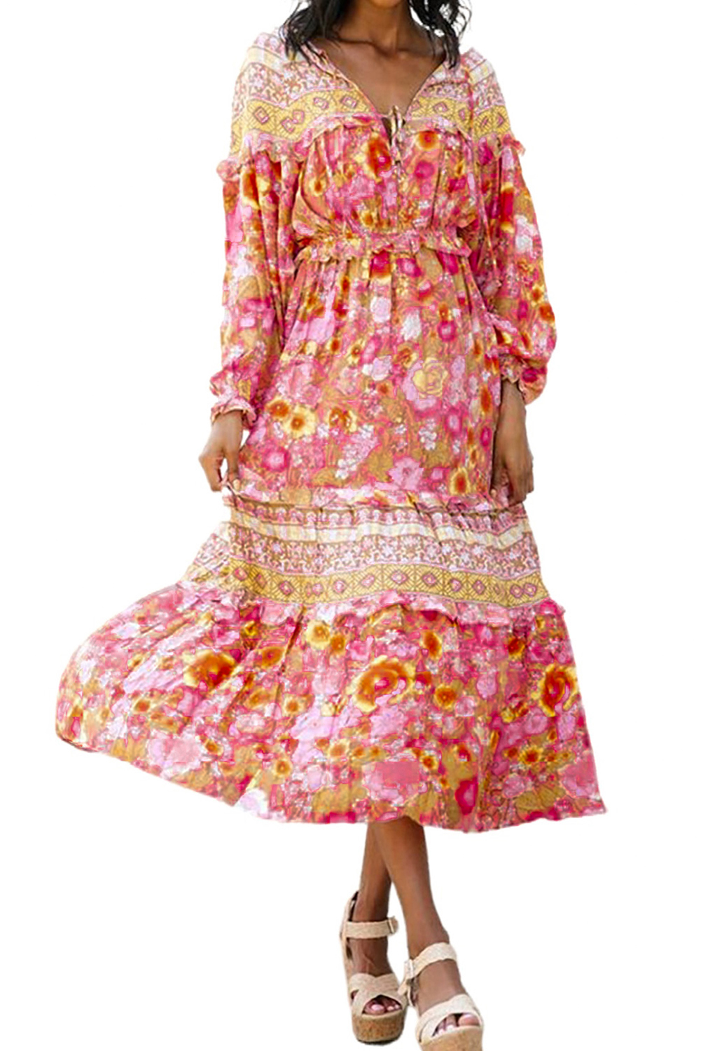 Pink Floral Print Layered Ruffle Puff Sleeve Maxi Dress LC617831-10