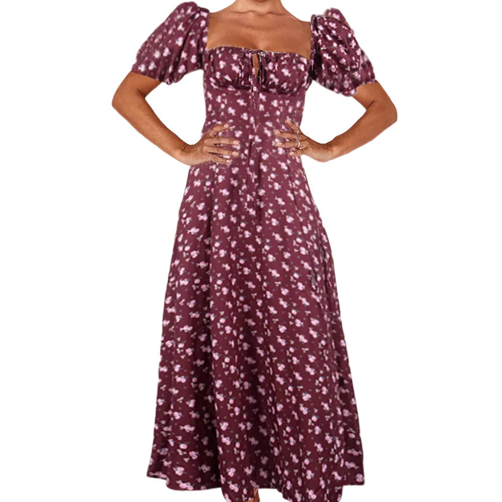 Wine Red Square Neck High Split Floral Dress TQK310590-23