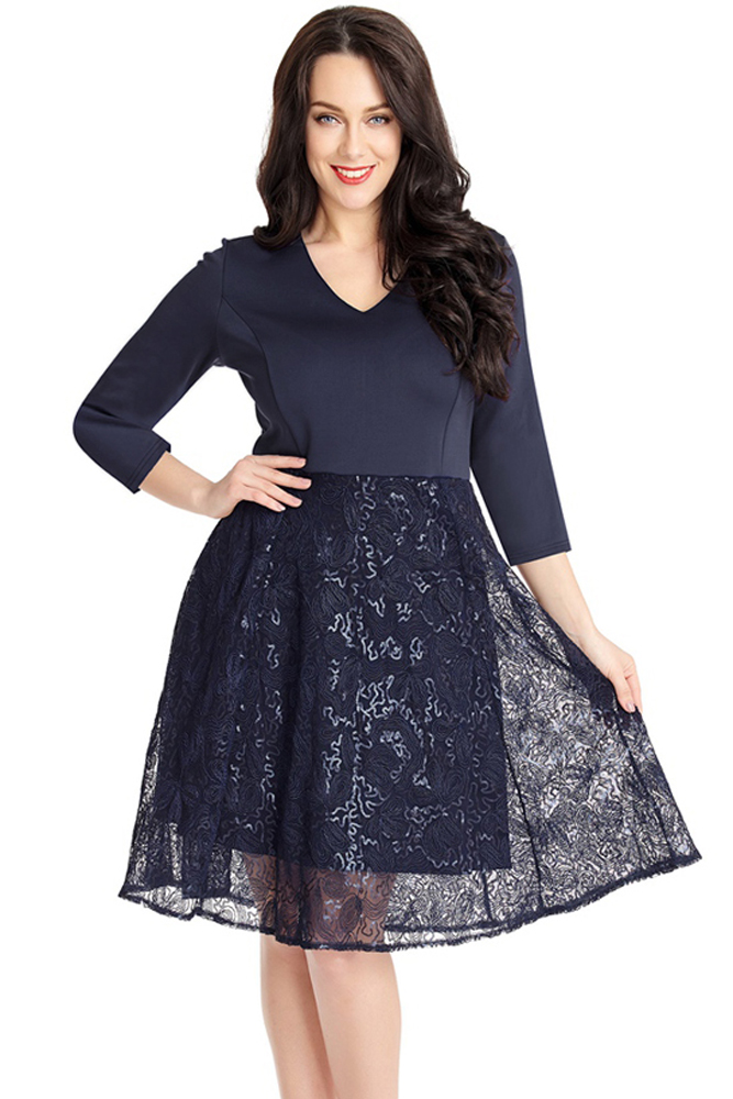 Blue Intelligent Sequin Embossed Pattern Skater Dress