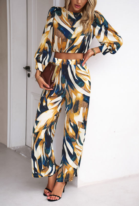 Yellow Digital Print Long Sleeve Crop and Pant Set