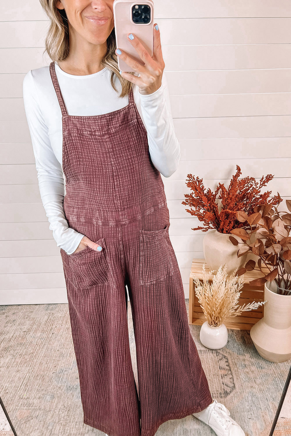 Red Textured Shoulder Straps Pocketed Overalls
