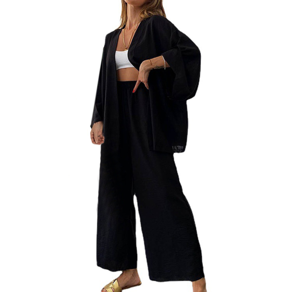 Black Open Front Blouse and Wide Leg Pant Set