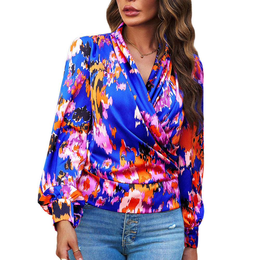Blue Digital Print Puff Sleeve Satin Blouse