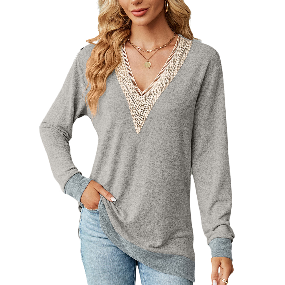 Light Grey Contrast V Neck Side Split Long Sleeve Tops