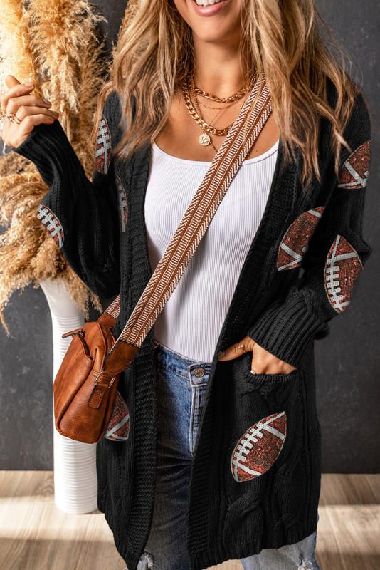 Black Sequined Rugby Graphic Cable Knit Open Cardigan