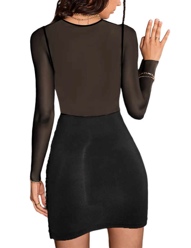 Black Spliched Mesh Long Sleeve Bodycon Dress